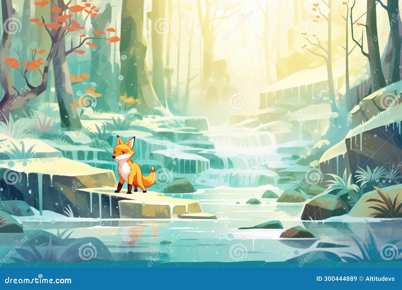 Fox Prowling beside Icy Brook in a Serene Forest Setting Stock Image ...