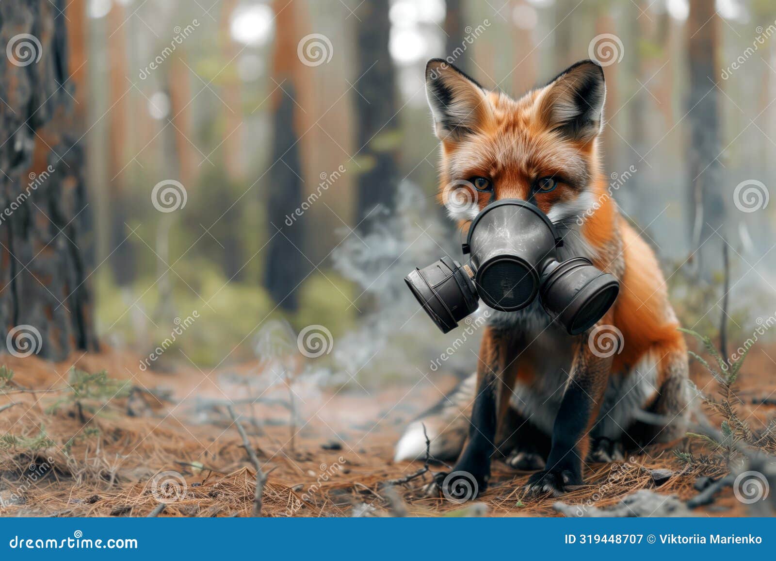 Fox in Respirator Mask on Background of Smoke in Forest, Forest Fires ...