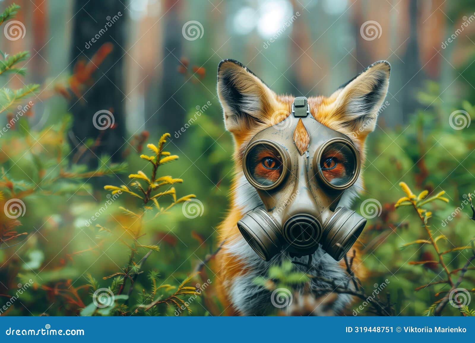 Fox with a Respiratory Mask in the Forest, Highlighting Environmental ...