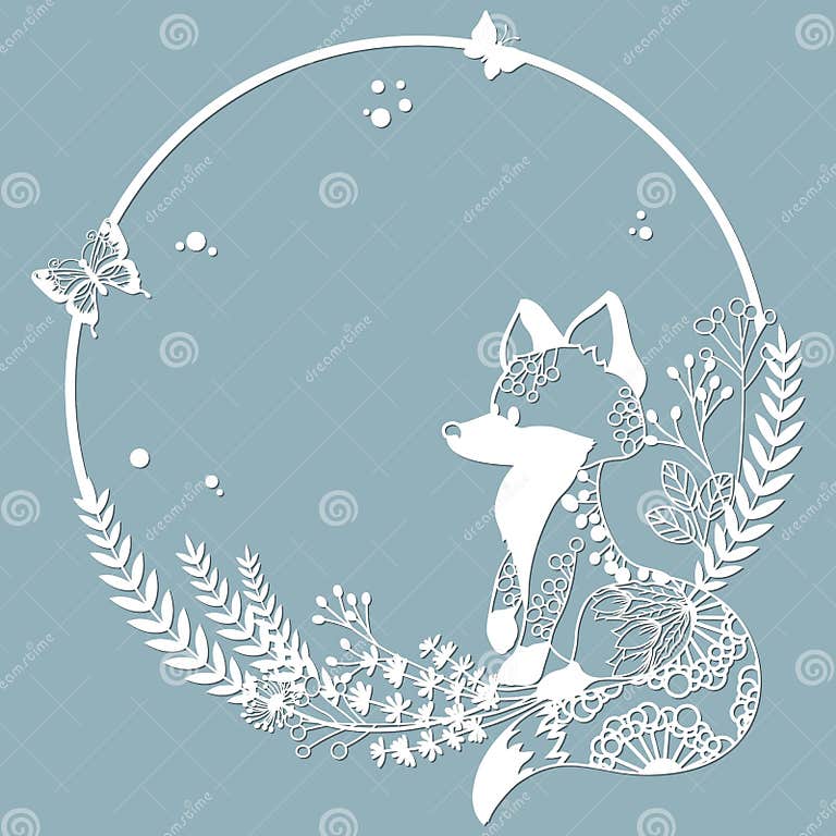 Fox in a Round Frame, with Patterns, Flowers, Butterflies. Template for ...