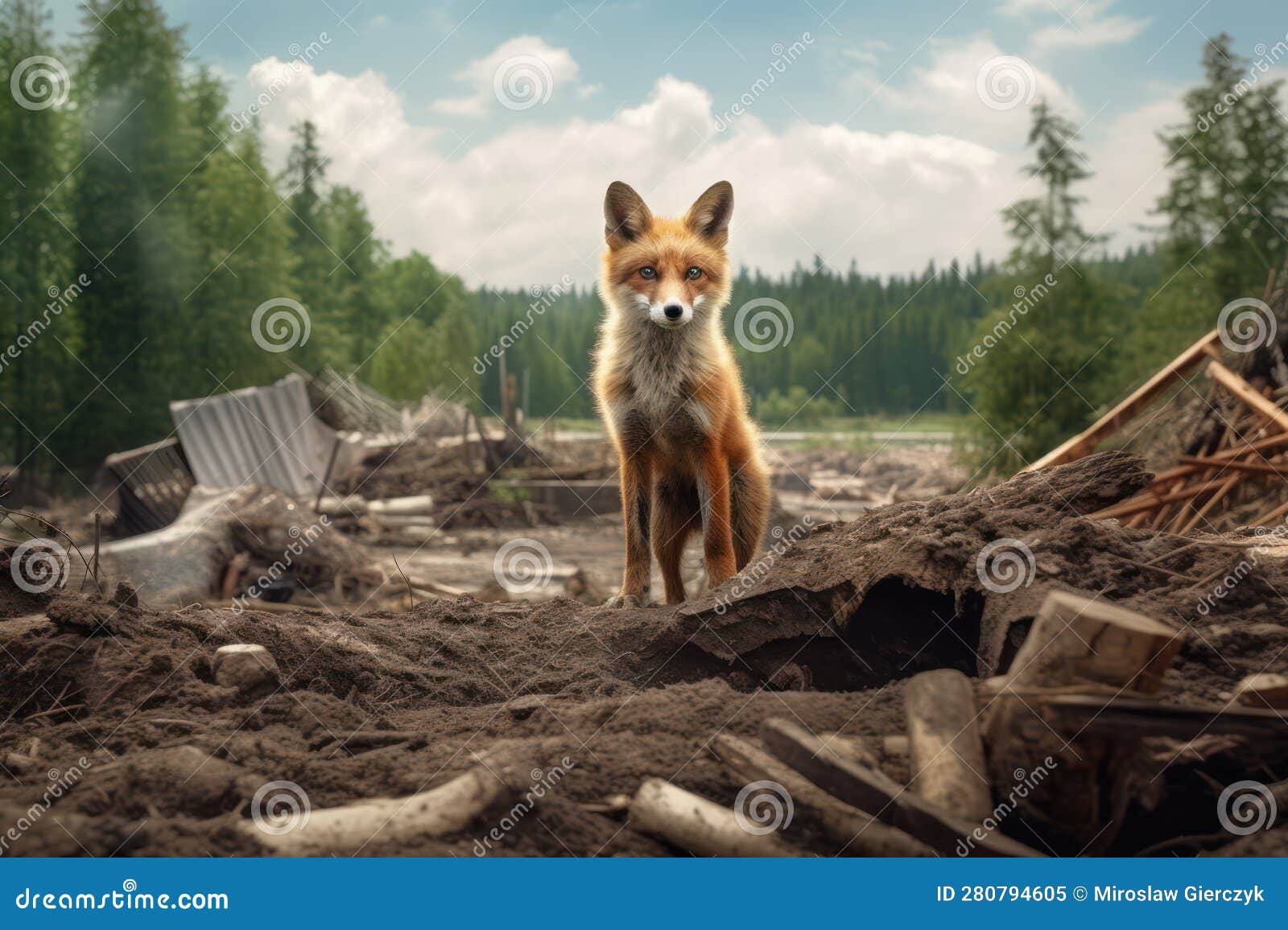 Fox in a Ruined Forest Environment Stock Illustration - Illustration of ...