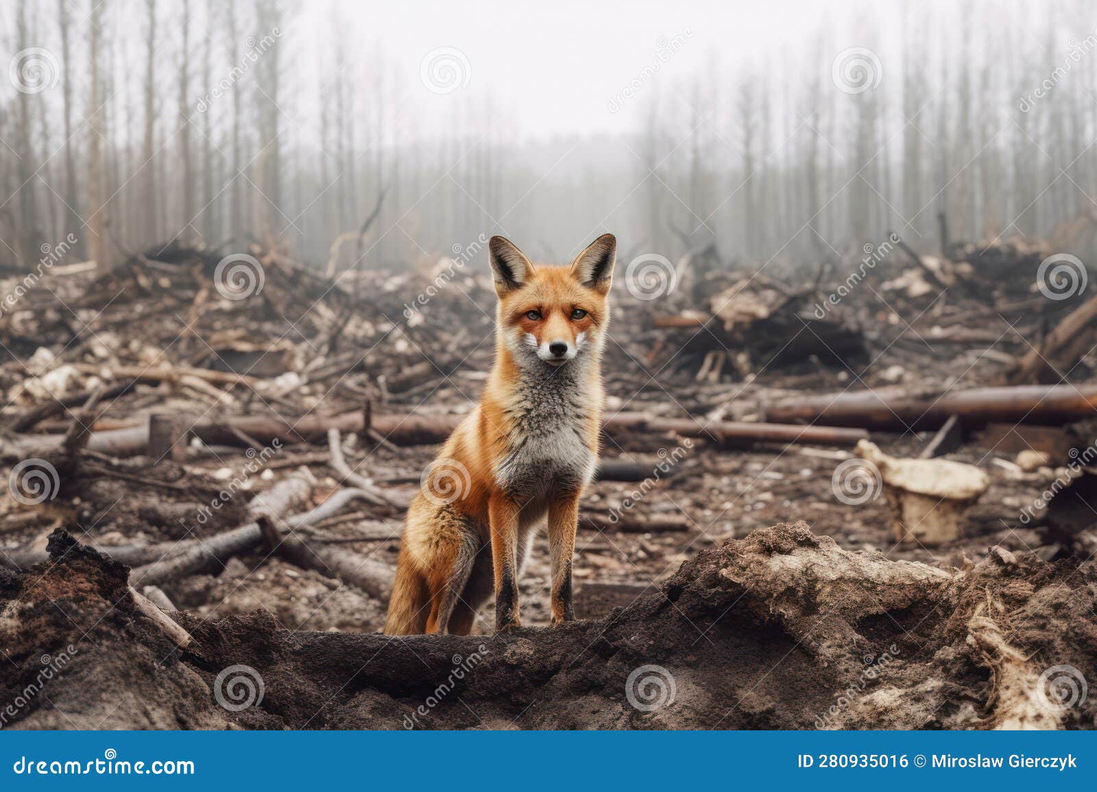 Fox in a Ruined Forest Environment Stock Illustration - Illustration of ...