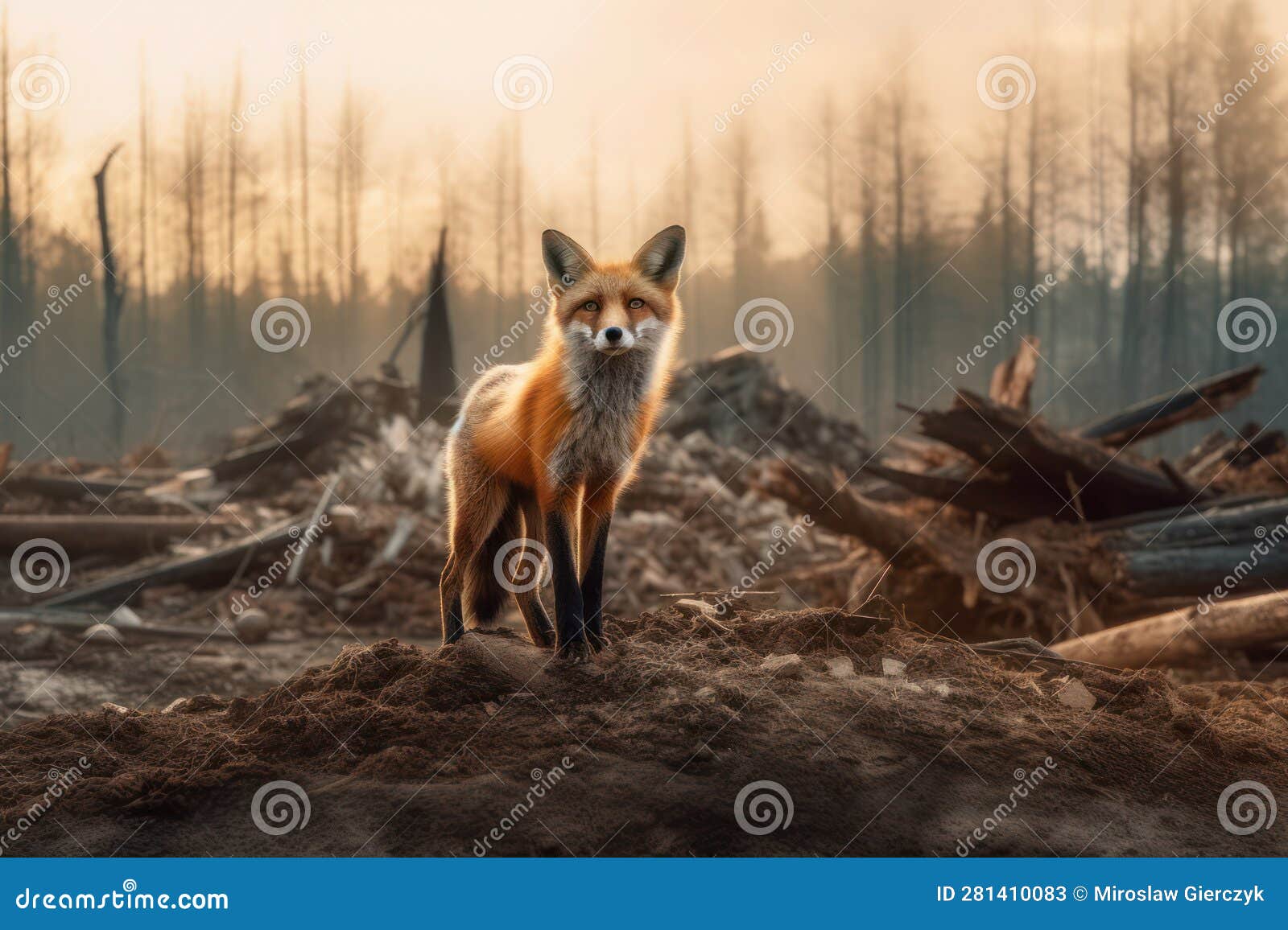 Fox in a Ruined Forest Environment Stock Illustration - Illustration of ...