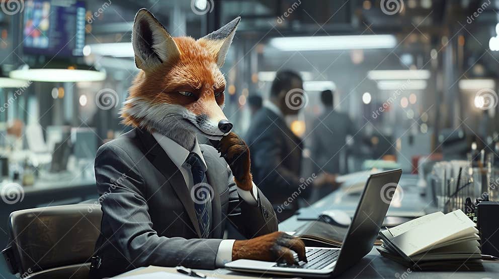 A Fox in a Sharp Business Suit Thinking and Typing on a Laptop in a ...