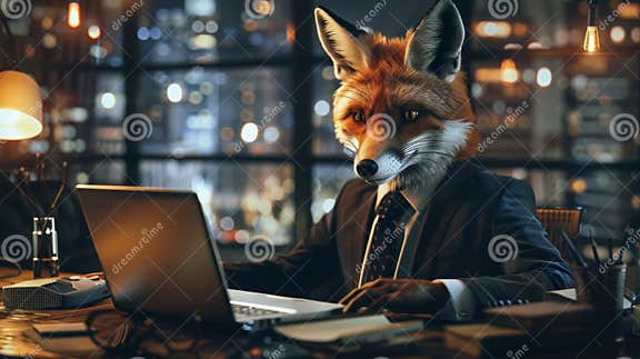 A Fox in a Sharp Business Suit Typing on a Laptop in a Bustling Office ...