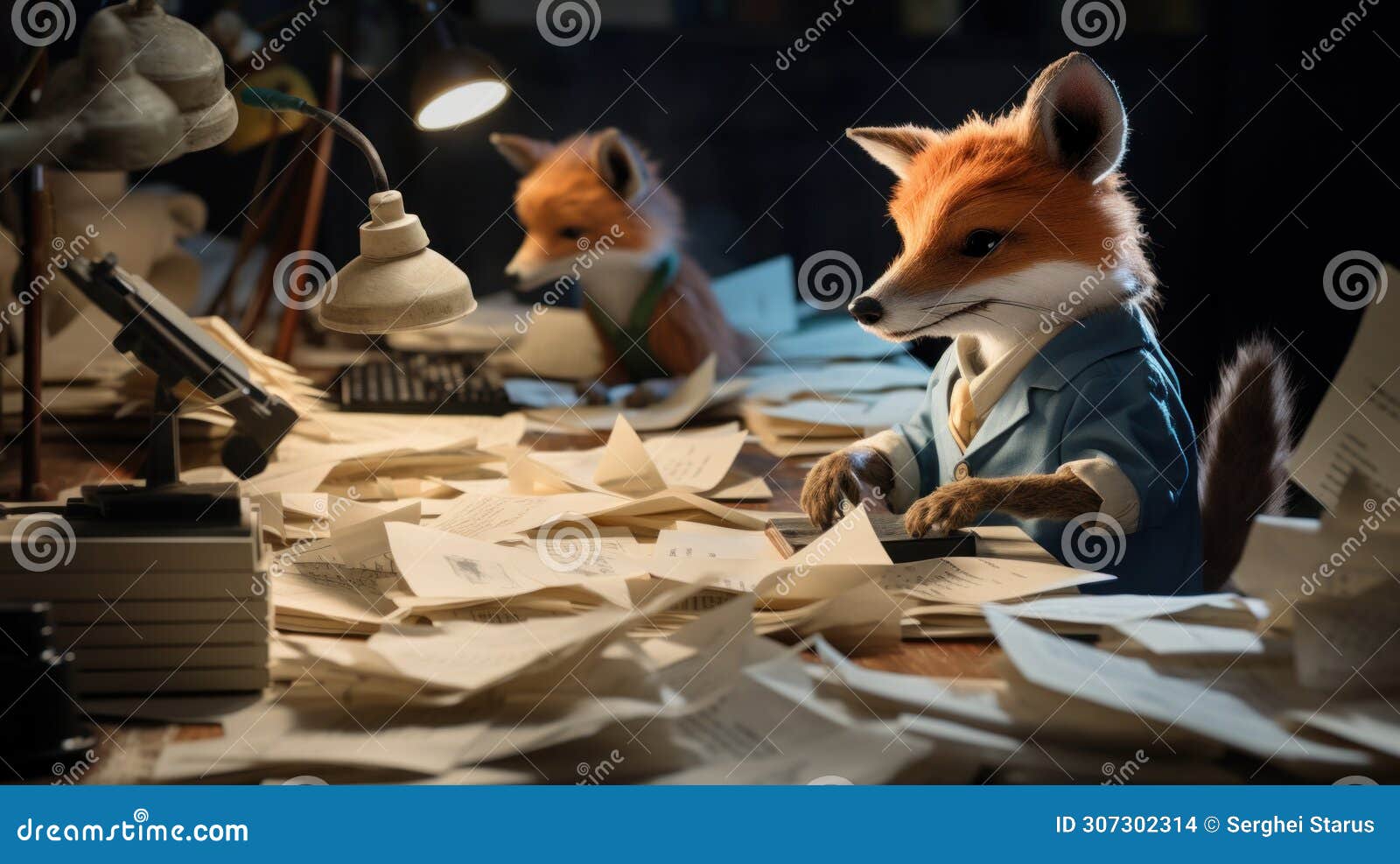 A Fox is Sitting at a Desk with Papers and Books, AI Stock Illustration ...