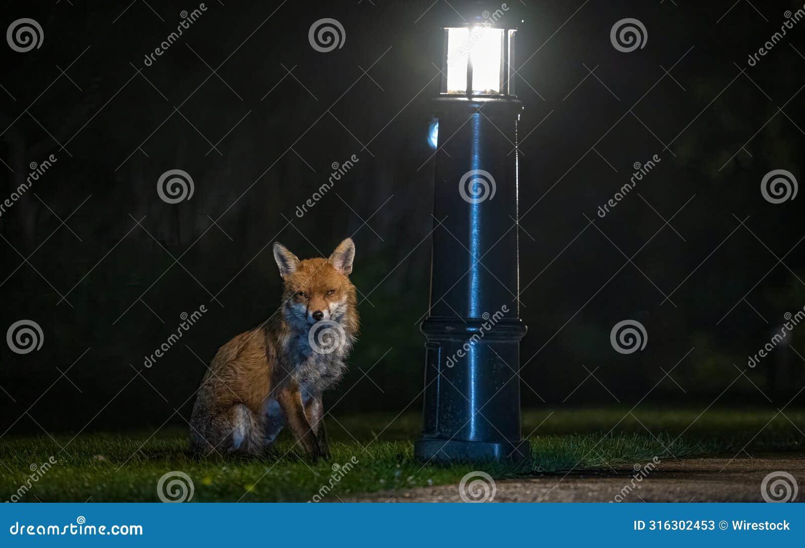 Fox Sitting by a Lamp Post in the Dark Stock Image - Image of urban ...