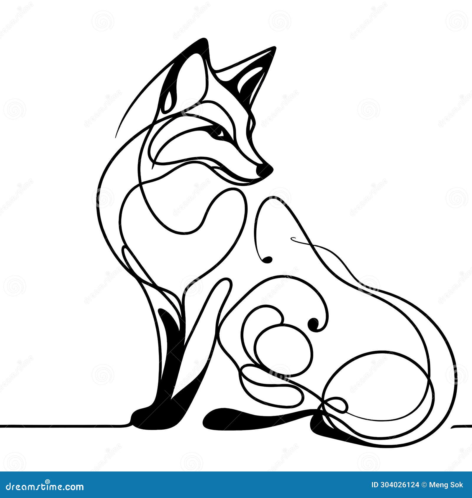 A Fox Sitting On A White Background In A Black And White Drawing. The ...