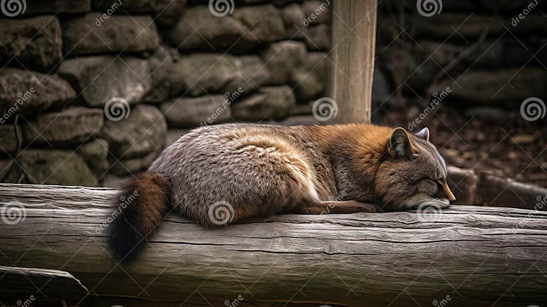 A Fox Sleeping on a Log in Front of a Stone Wall Stock Illustration ...