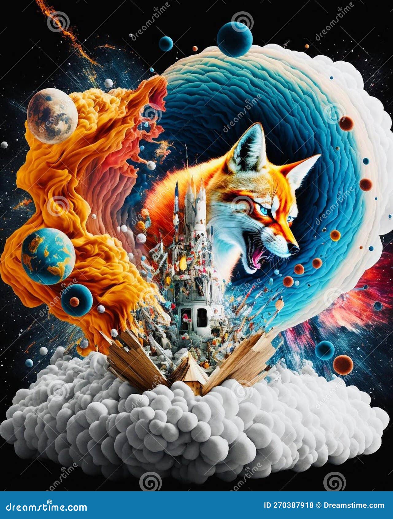 Fox in smoke and planets stock photo. Image of cartoon - 270387918