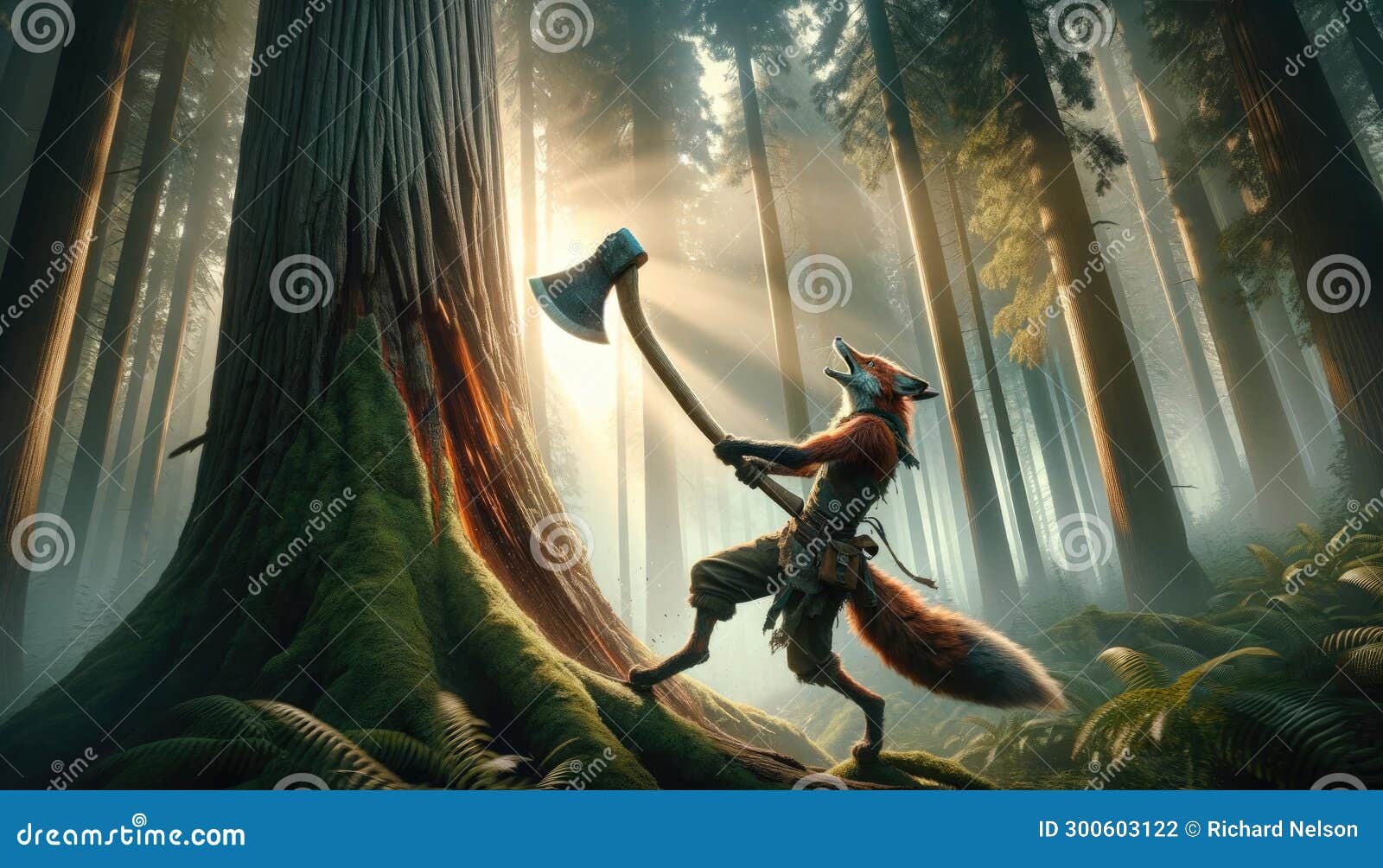 Anthropomorphic Fox with an Axe in a Forest Stock Illustration ...