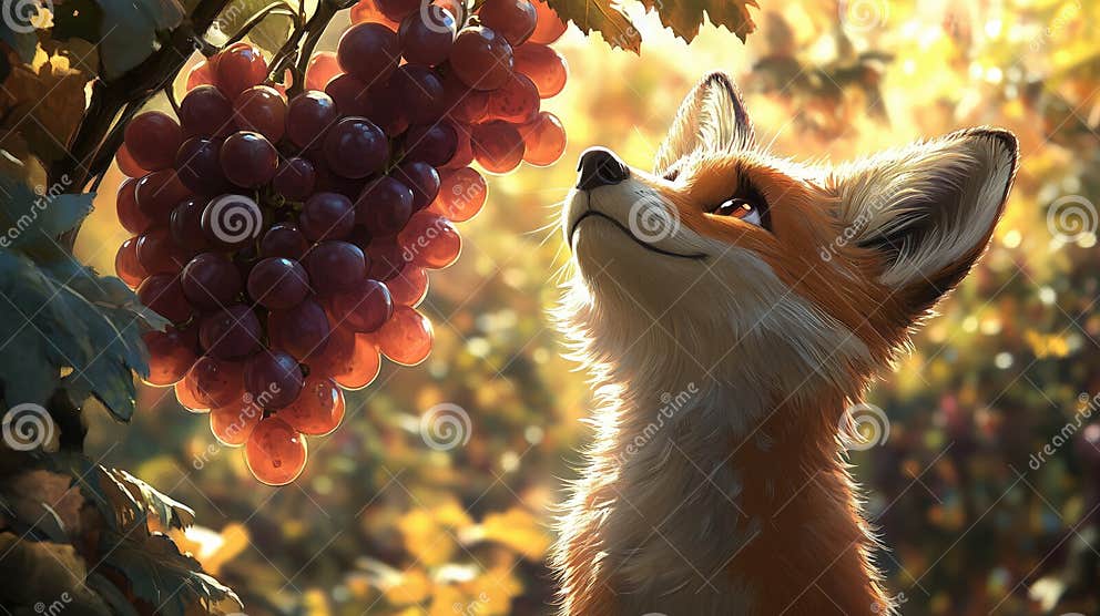 Fox Staring at Grape Cluster in Sunlit Vineyard. Stock Illustration ...
