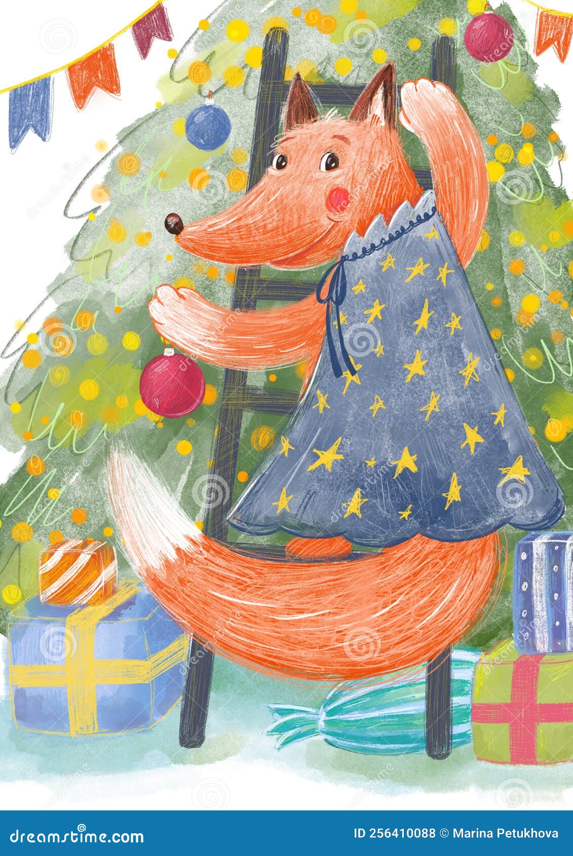 Fox in a Starry Cloak Decorates the Christmas Tree Stock Illustration ...
