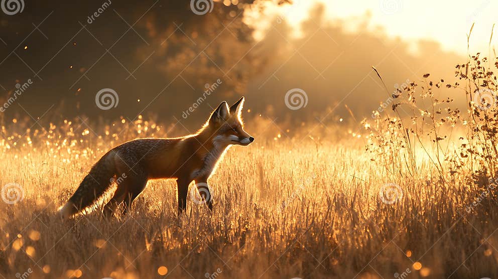A Fox Strolling through Autumn Fields with Golden Light Stock ...