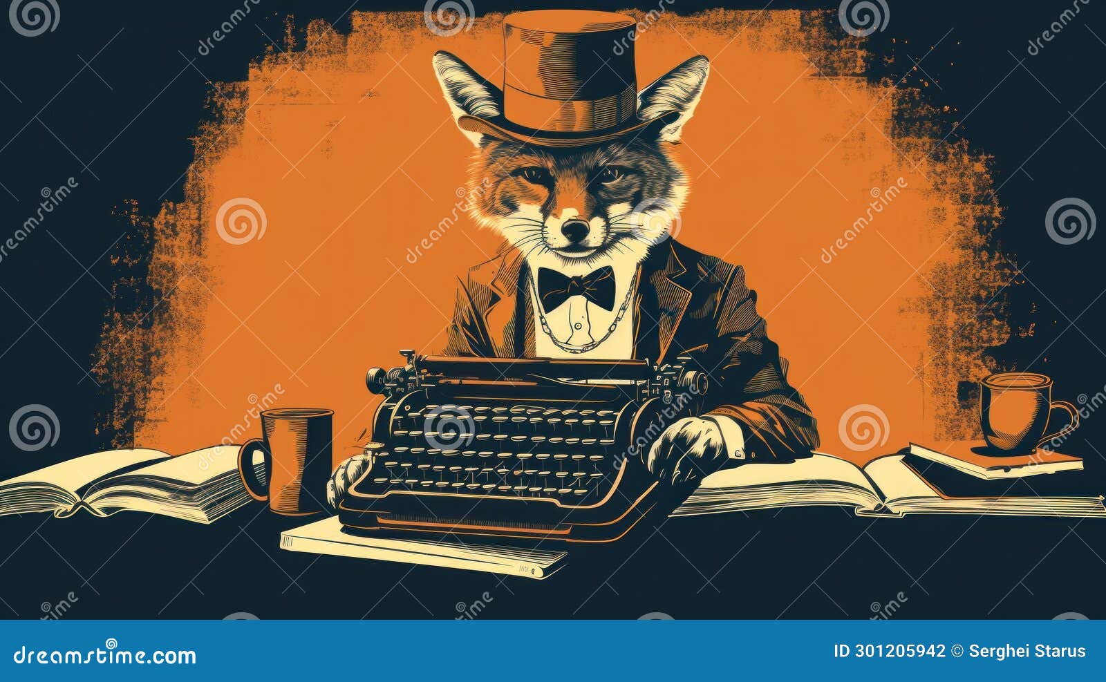 Fox in Top Hat Writing on Typewriter, AI Stock Photo - Image of ...
