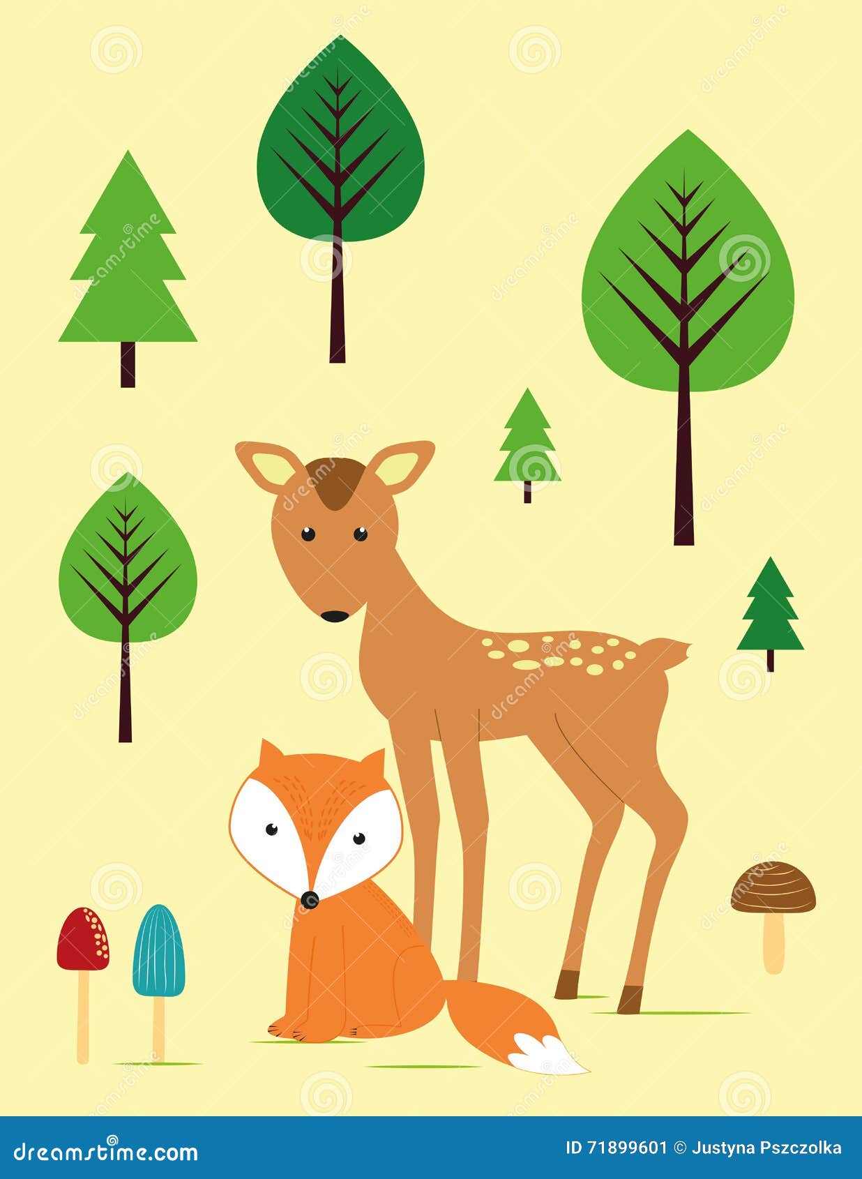 Fox und Rogen im Wald vektor abbildung. Illustration von braun - 71899601