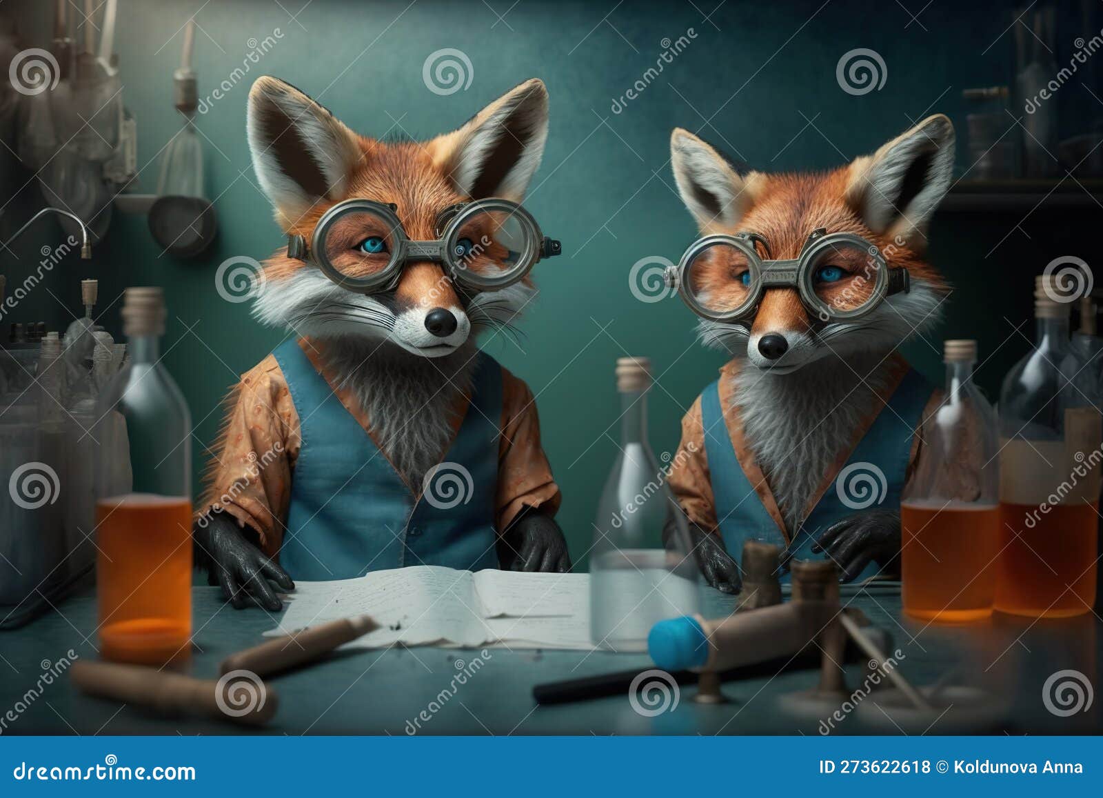 Foxes Dressed As Scientists Experimentin a Lab , Created with ...