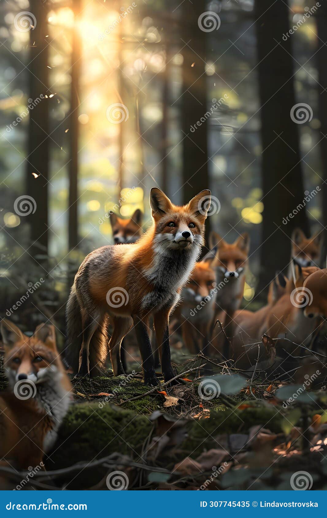 Foxes Standing in the Forest with Setting Sun Shining. Stock ...