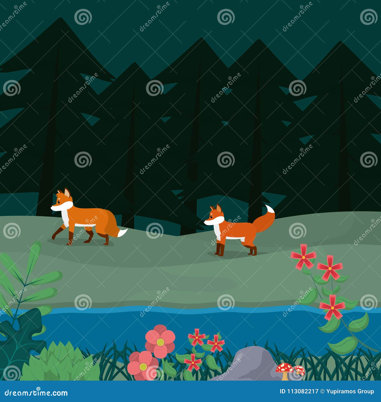 Foxes at forest cartoon stock vector. Illustration of scenery - 113082217