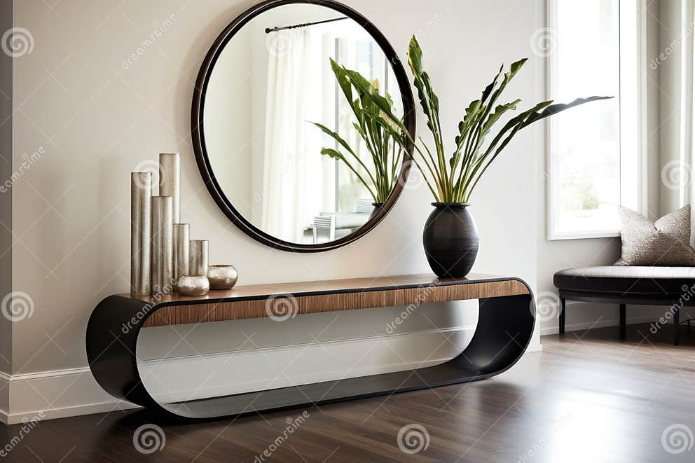 A Foyer with a Console Table, Round Mirror, and Sleek Bench Stock Photo ...