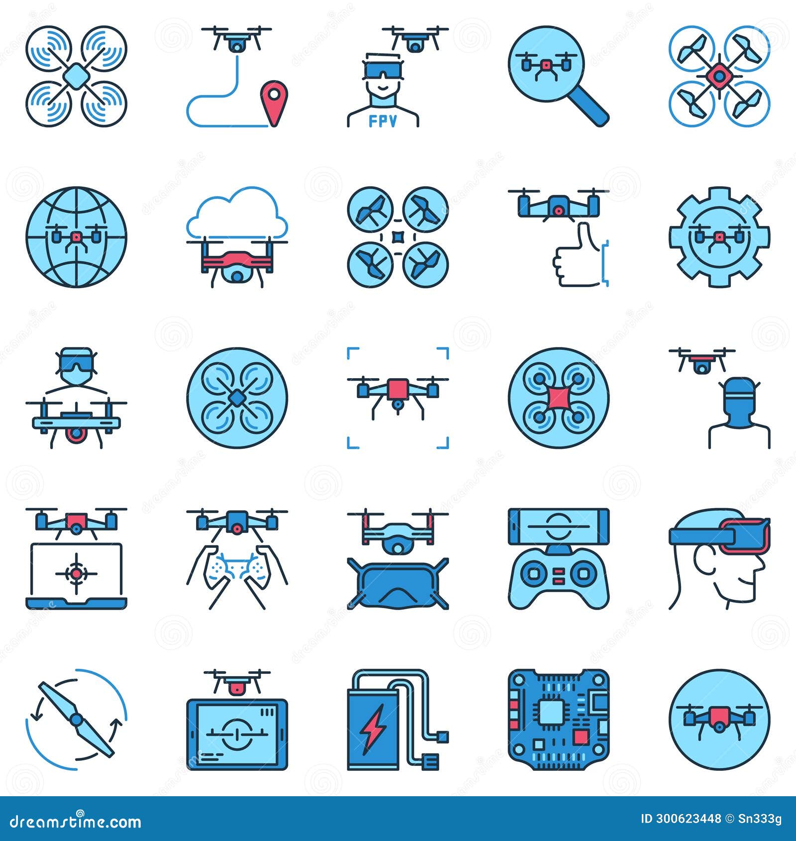 FPV Drone Colored Icons Set. Drone and Quadcopter Concept Vector Signs ...