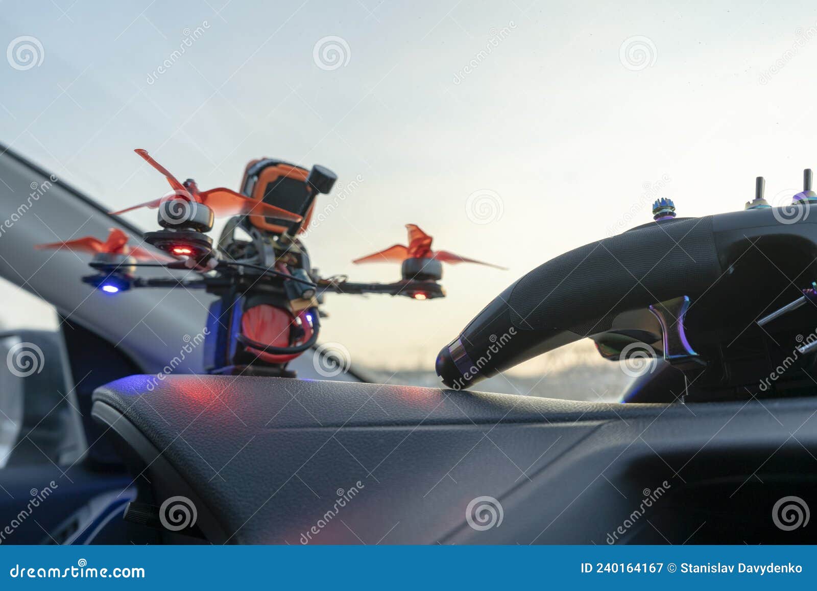 Fpv Drone Lies Switched Under the Windshield Control Panel Blue and Red ...