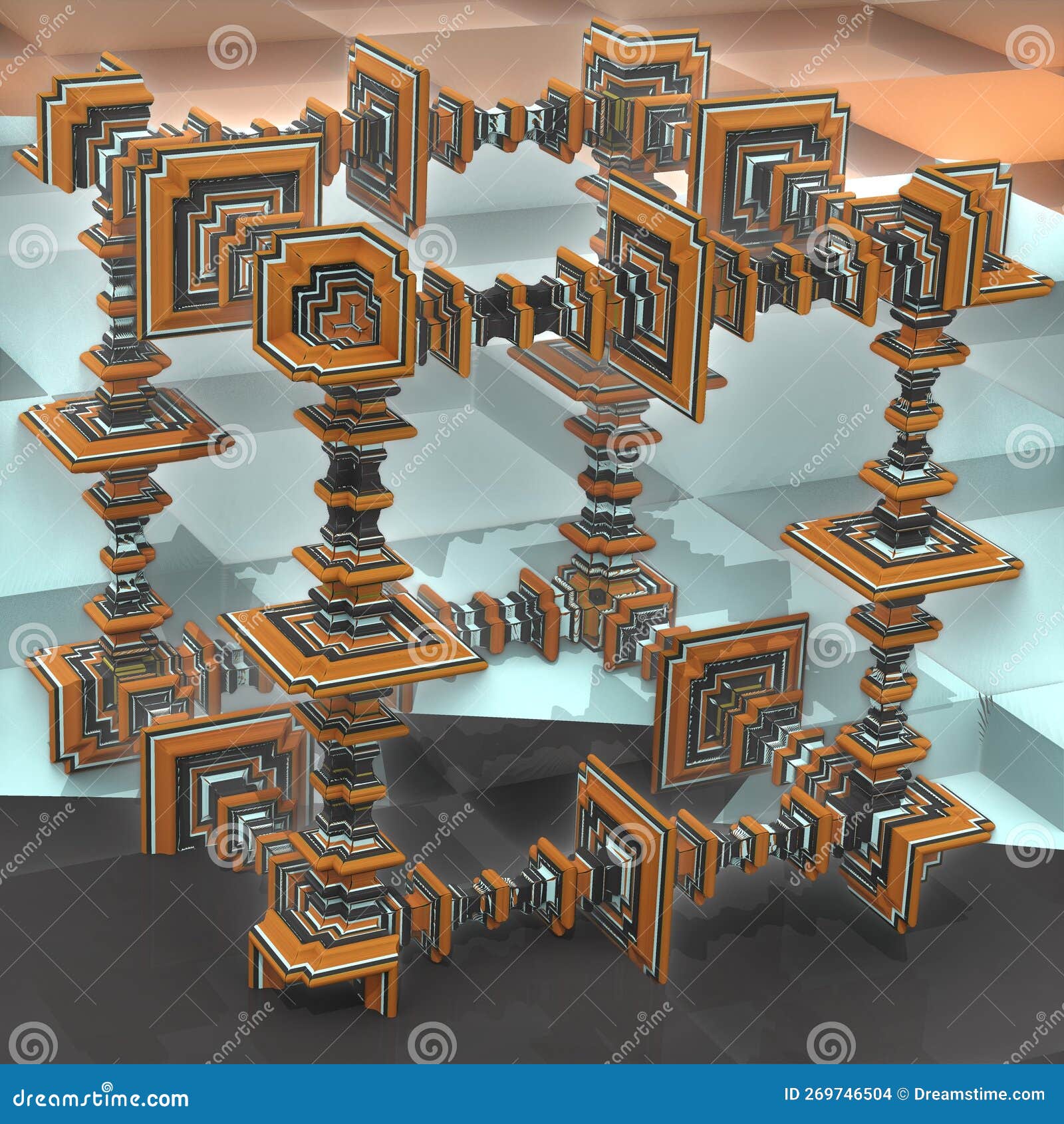 Fractal Chains of Rectangles, Cube Structure. Orange, Black and Light ...