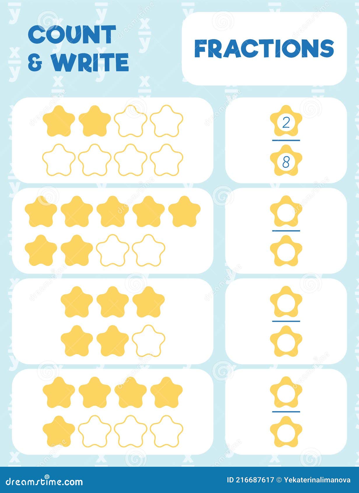 Fractions Worksheet, Math Practice Print Page. Stock Vector - Illustration of practice, equal ...