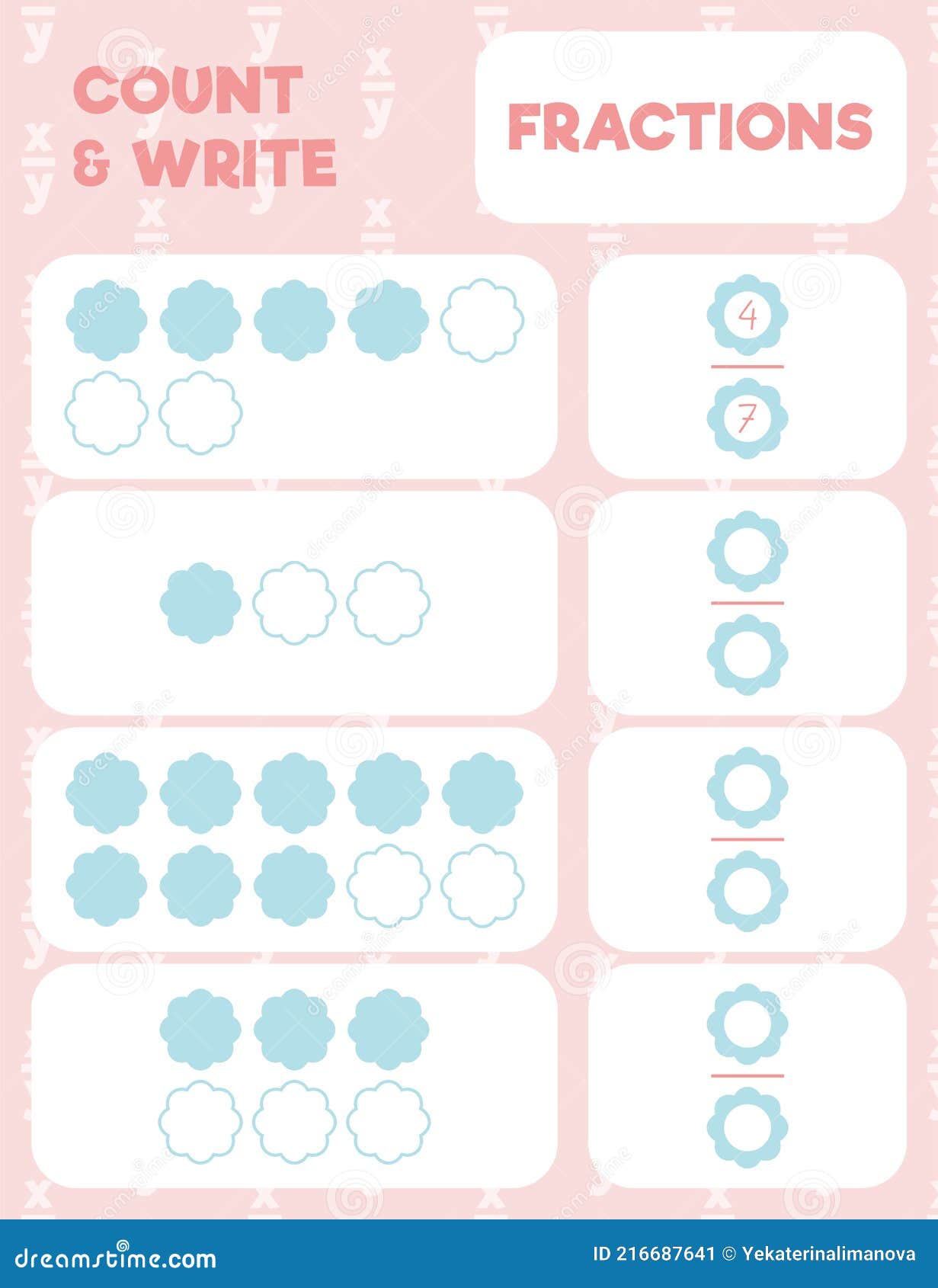 Fractions Worksheet, Math Practice Print Page. Stock Vector ...