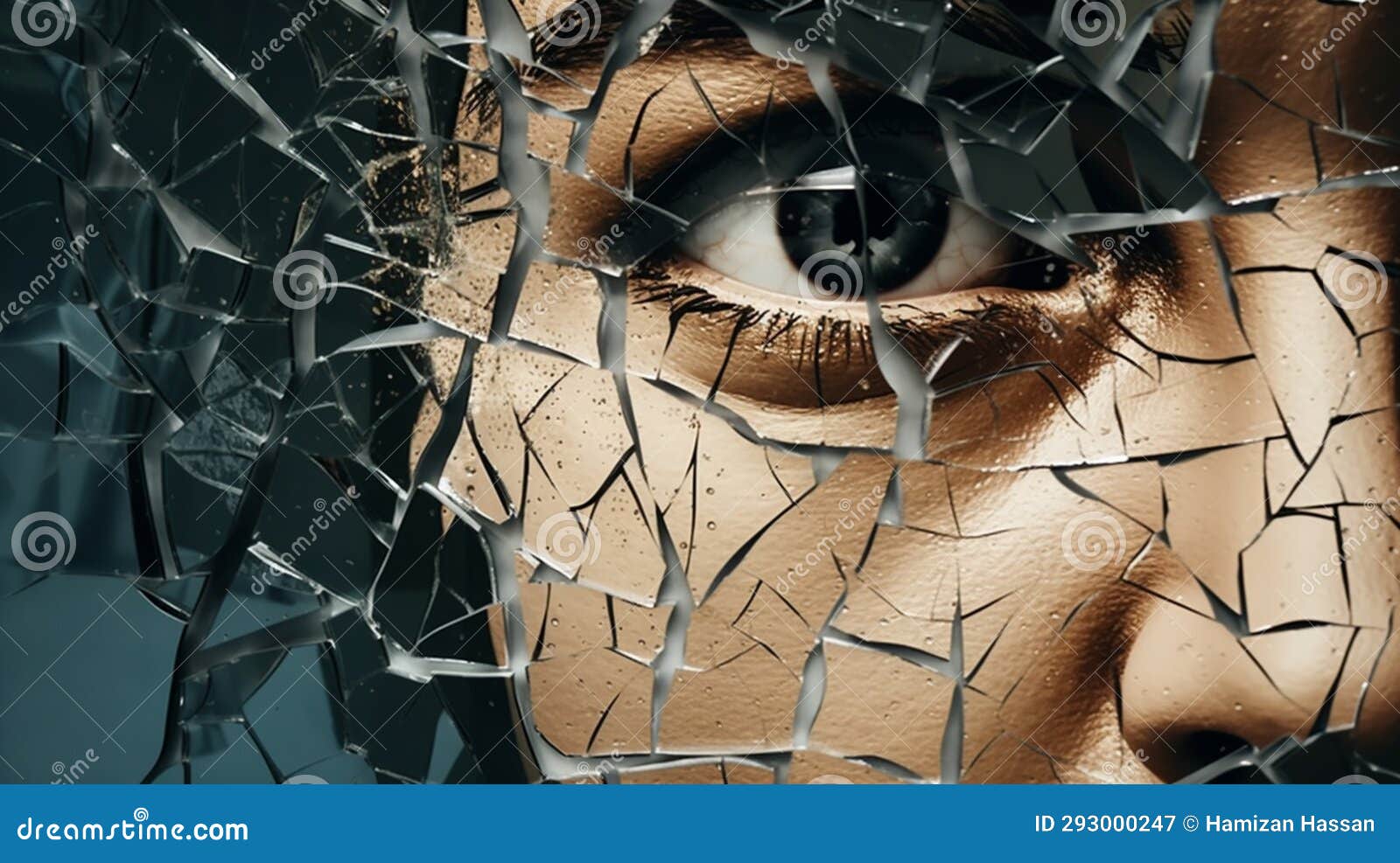 A Fractured Face with Shattered Mirror, Puzzle of Sharp, Distorted ...