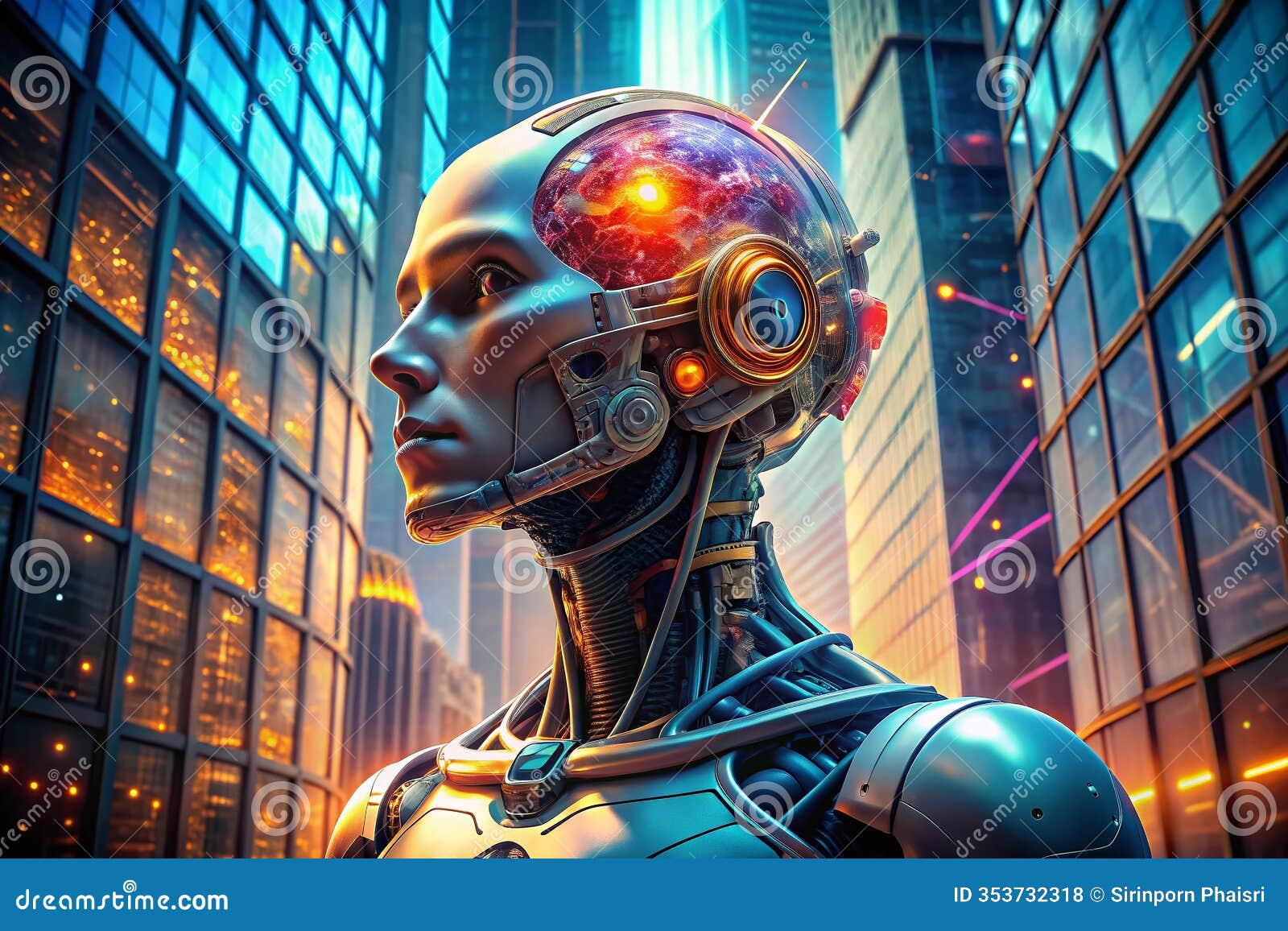 Fractured Future a 3D Illustration of a Damaged Humanoid Robot Exposed ...