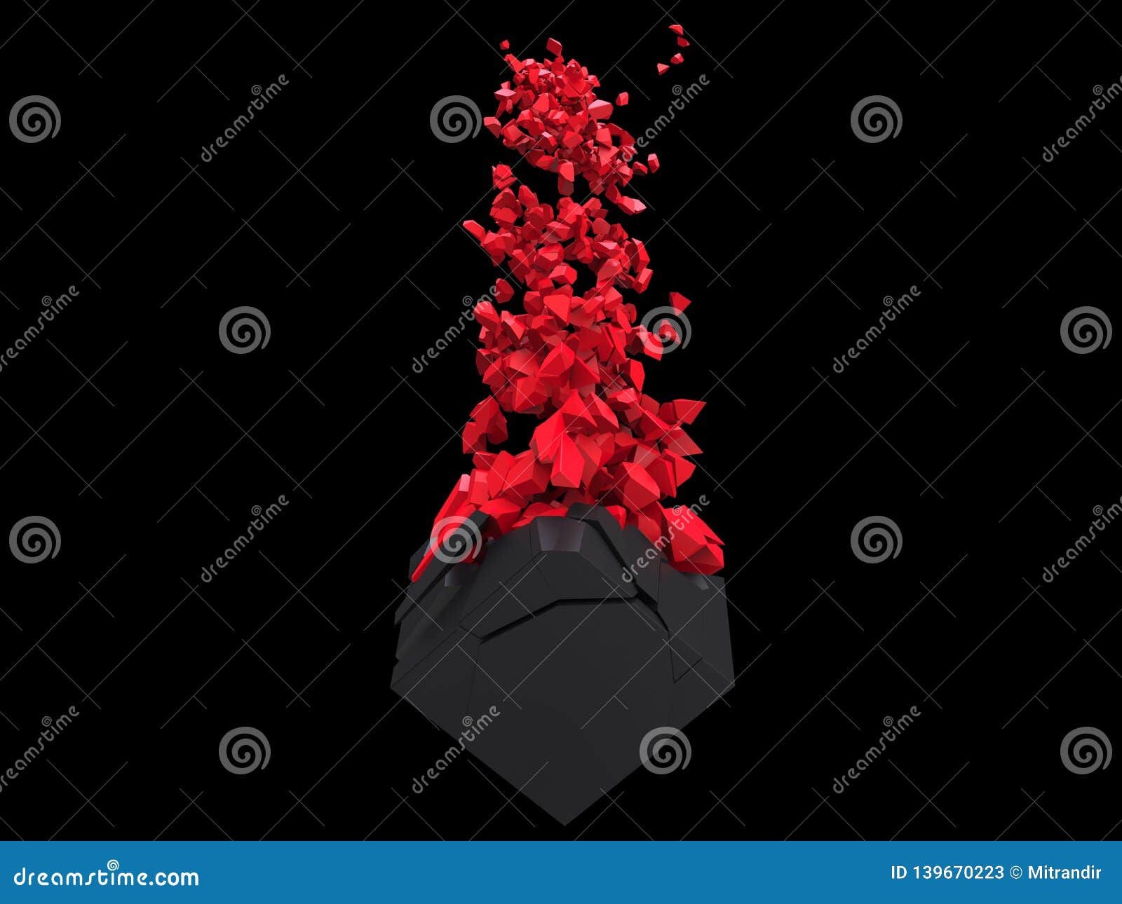 Fractured and Shattered Black Cube - Red Fragments Falling Off Stock ...