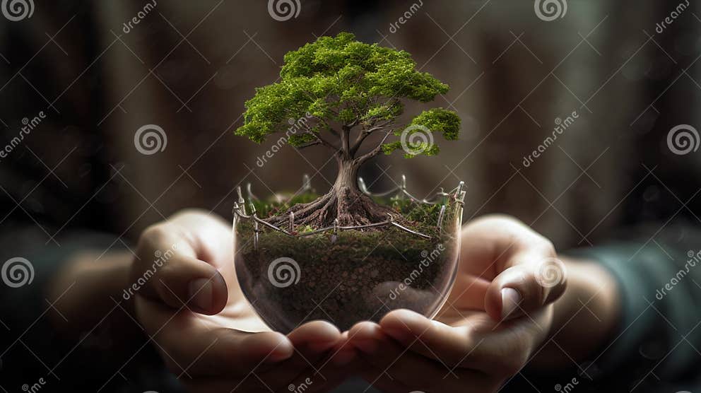 The Fragile Balance: Visual of a Tree in Human Hands Stock Illustration ...
