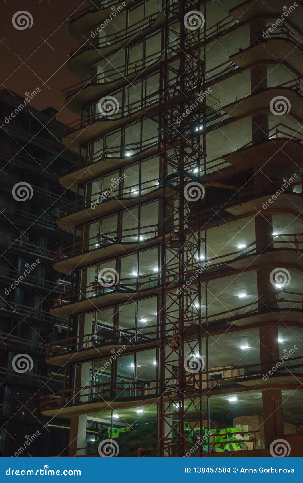 Fragment of a Building Under Construction with Lighting at Night Stock ...