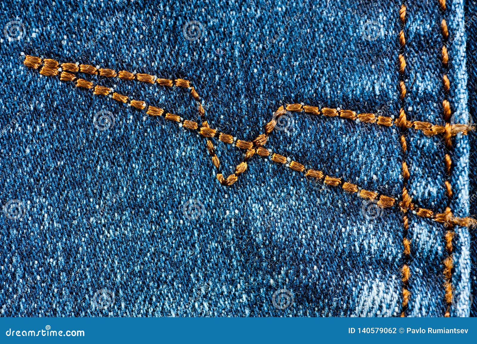 Fragment of a Classic Blue Denim Texture with Orange Stitching Stock ...