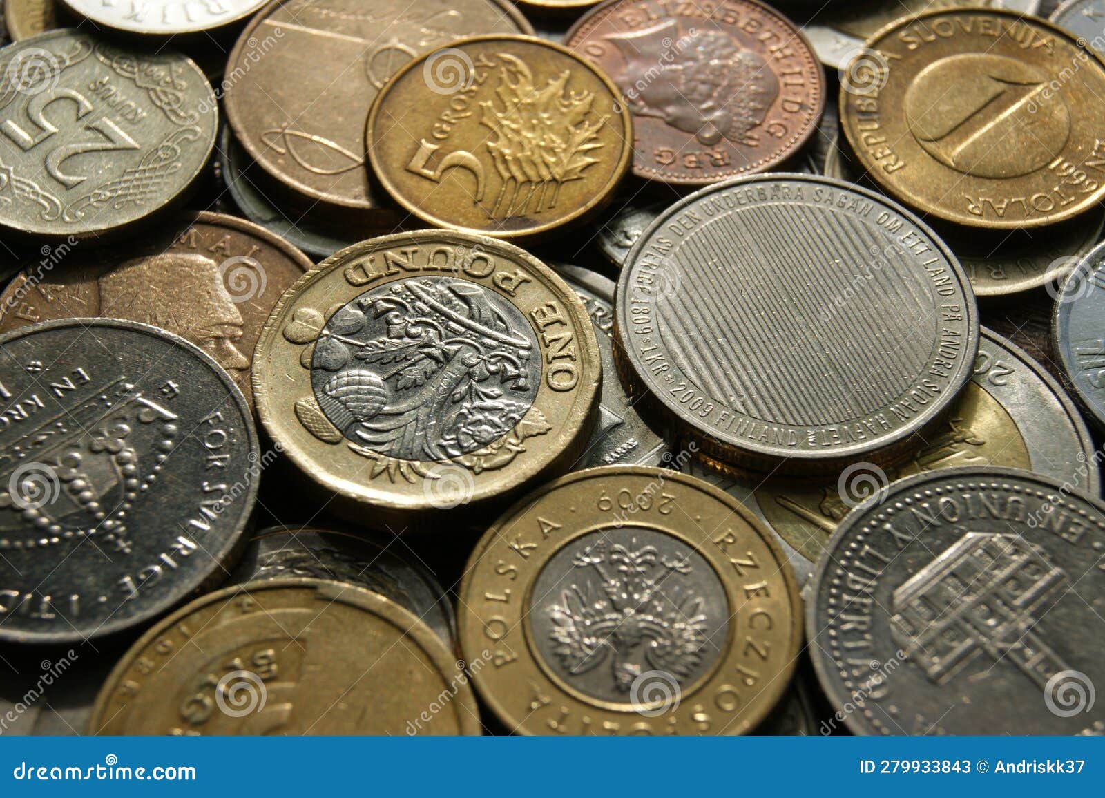 A Fragment of a Coin Pile. Coins of Different Countries. Background ...