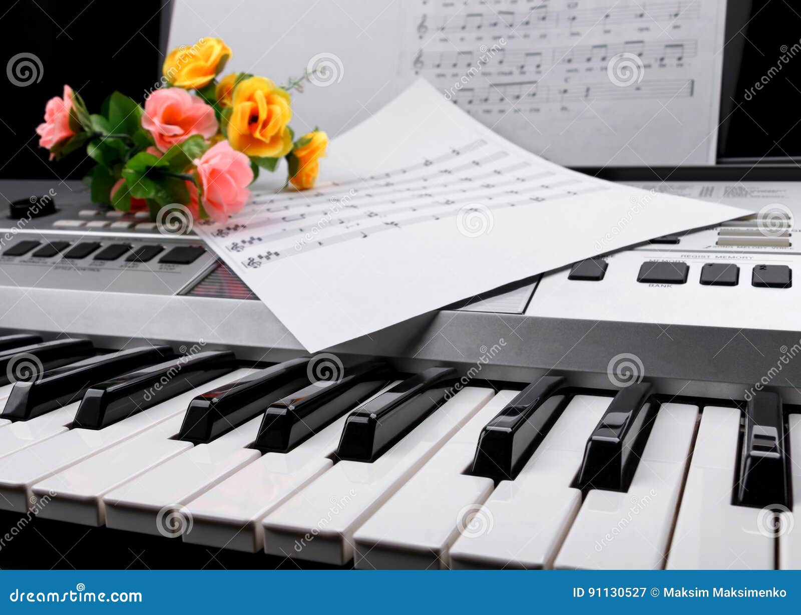 Fragment of Electronic Synthesizer Keyboard with Flowers and Music ...