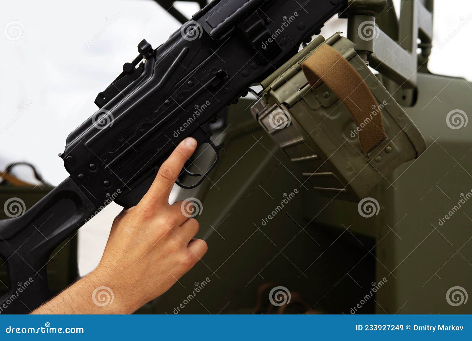 A Fragment of a Machine Gun and a Hand Pulling the Trigger. Military ...