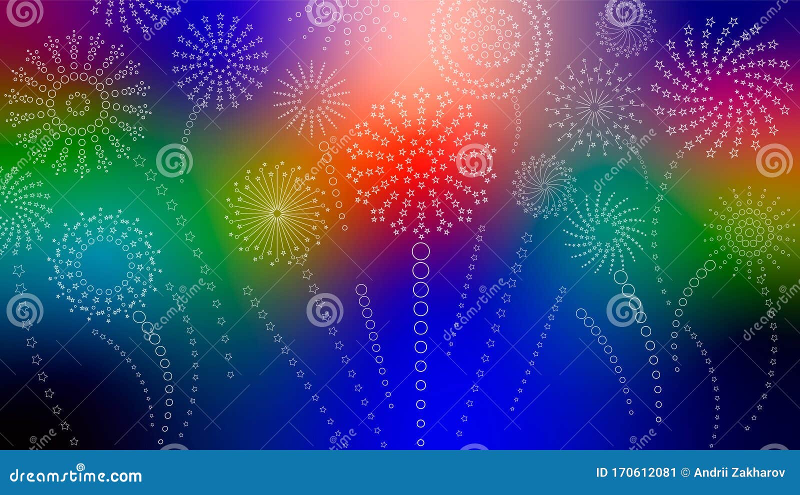 A Fragment of the Night Sky with Multi-colored Festive Rising Fireworks ...