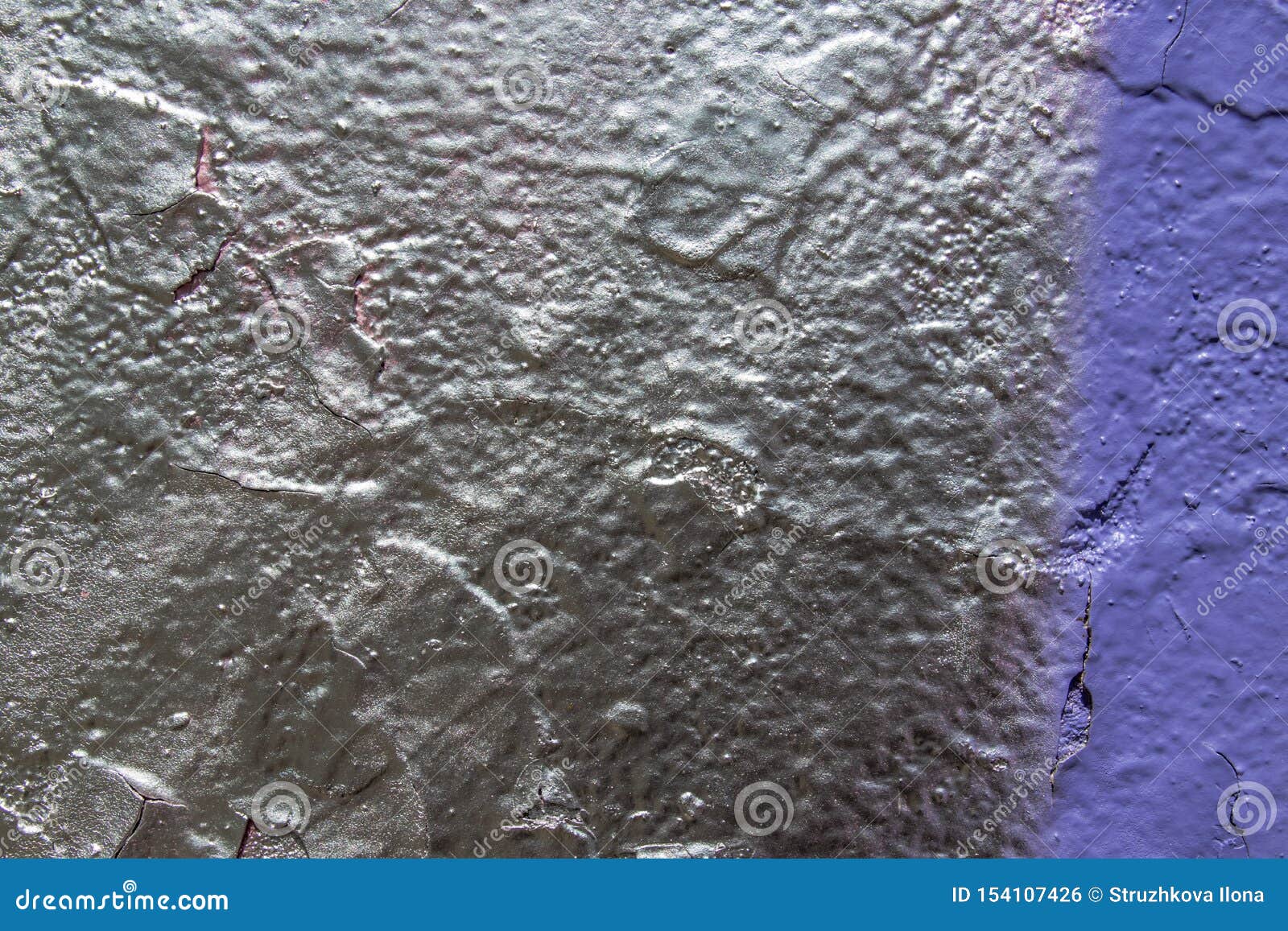 Fragment of an Old Wall with Silver and Violet Paints. Peeling of ...