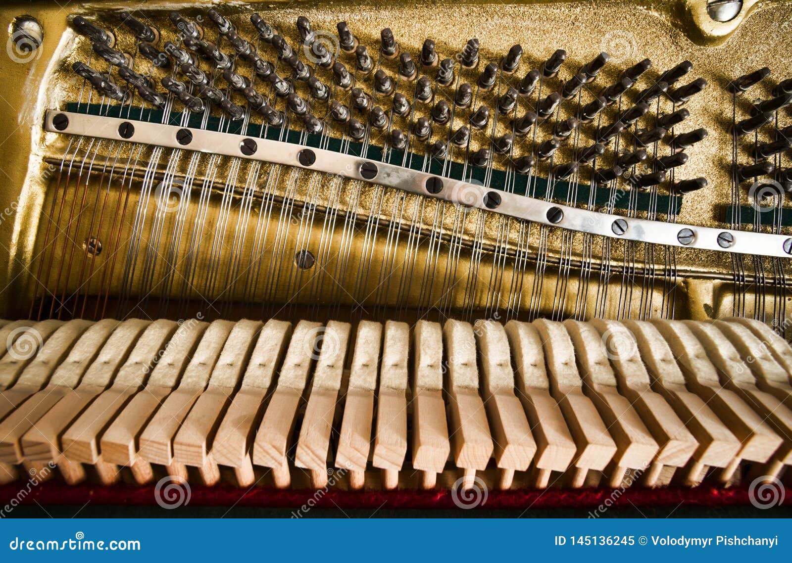 Fragment of Open Upright Piano Mechanism with Strings and Hammers Stock ...
