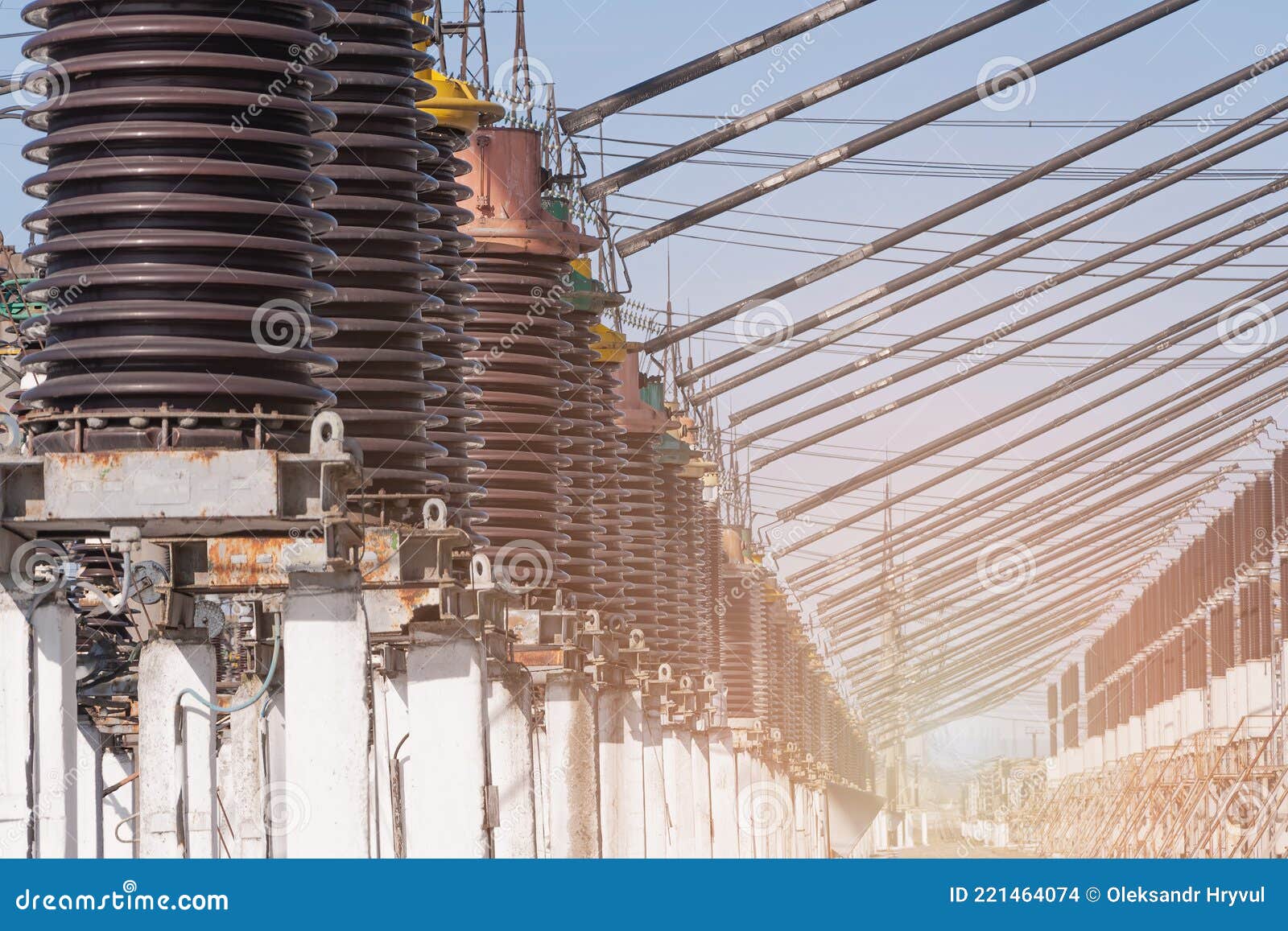 Fragment of a Power Plant. High-voltage Equipment: Long Rows of Large ...