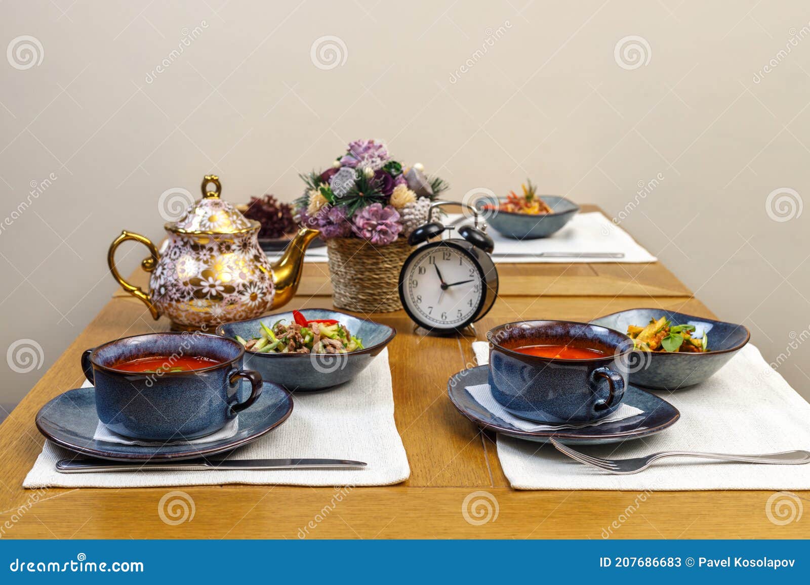 A Fragment of the Table Setting in a Restaurant or Cafe. Salad, First ...