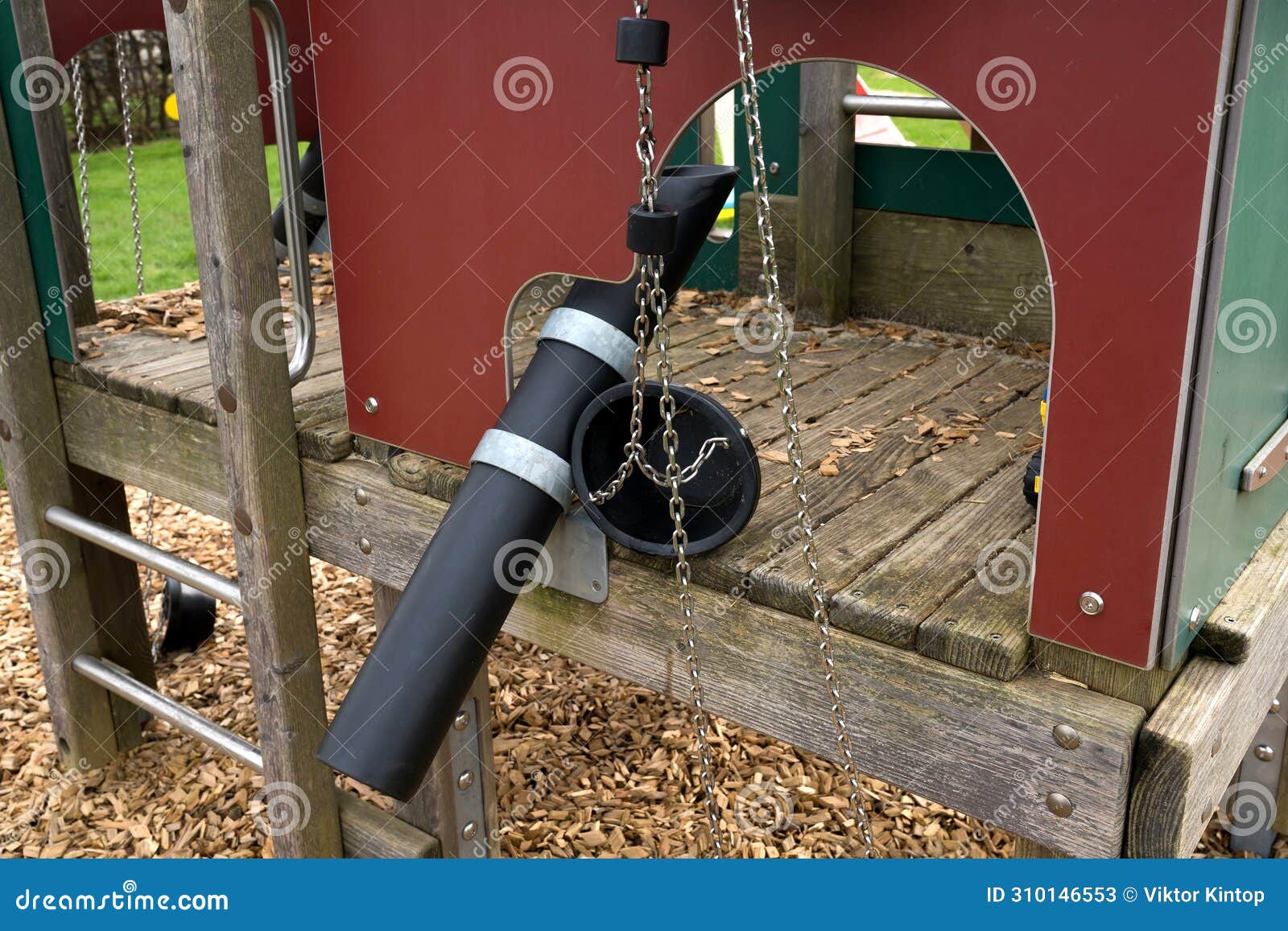 Fragment of a Wooden Structure on a Playground with a Black Plastic ...