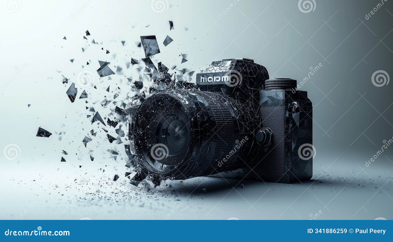 Fragmented DSLR Camera Exploding into Abstract Shards Dramatic Visual ...