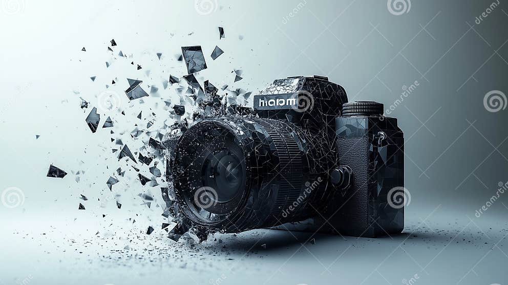 Fragmented DSLR Camera Exploding into Abstract Shards Dramatic Visual ...