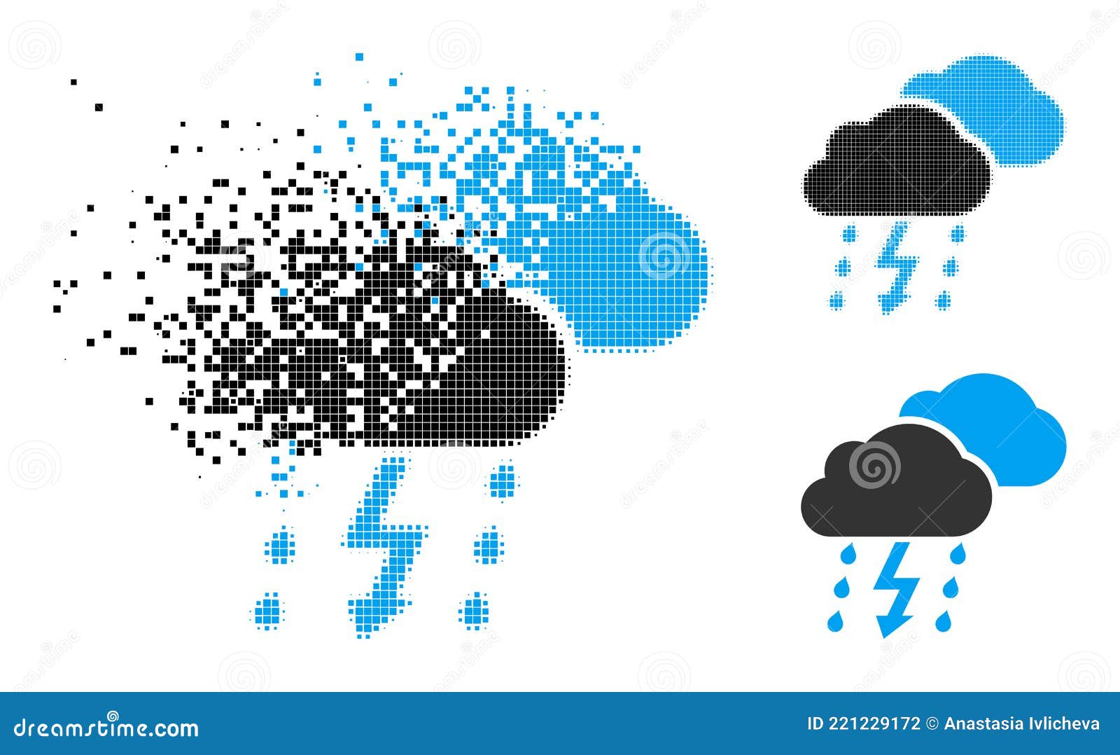 Fragmented and Halftone Pixel Thunderstorm Icon Stock Vector ...