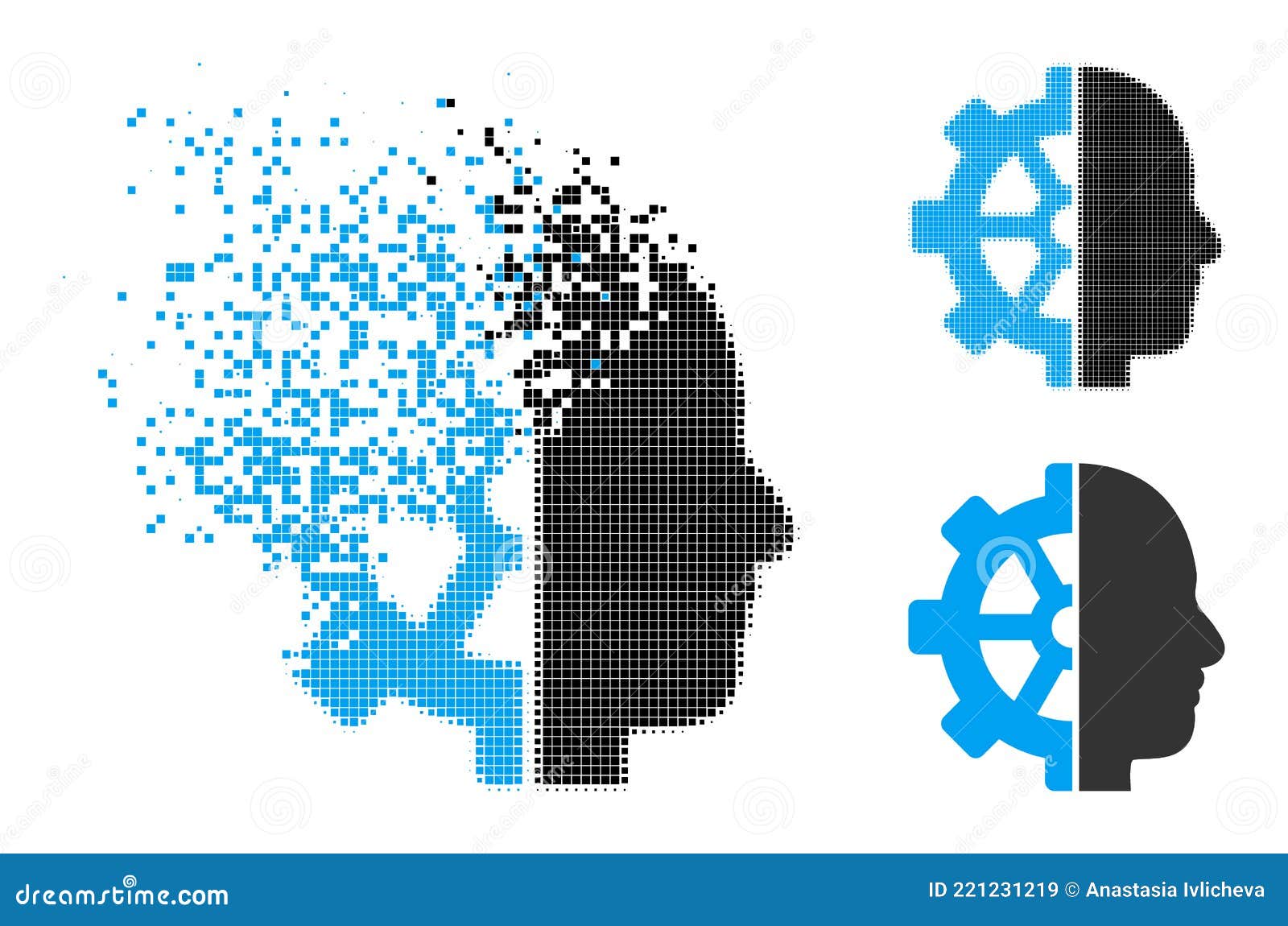 Fragmented and Halftone Pixelated Cyborg Gear Icon Stock Vector ...