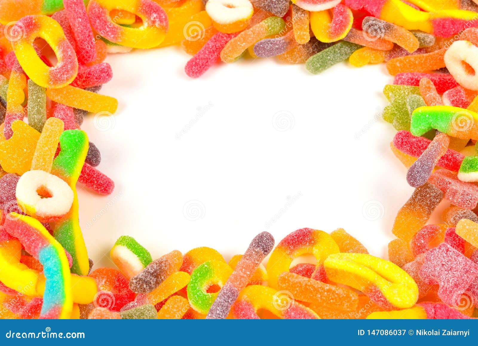 Frame of Assorted Gummy Candies Isolated on White. Top View Stock Image ...