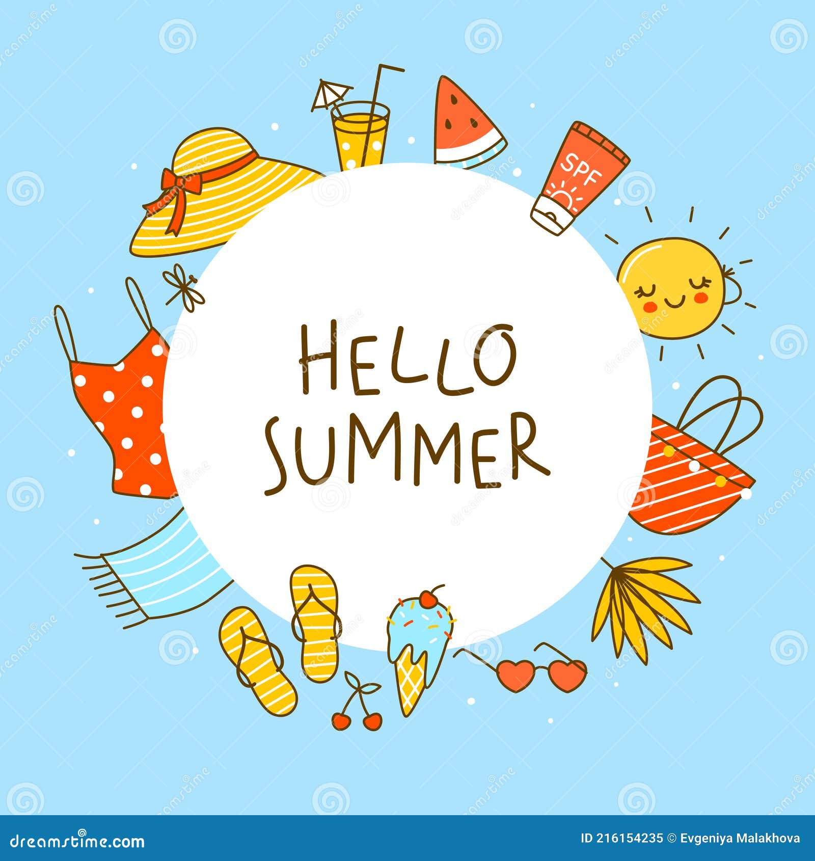 Frame Background with Cute Summer Items on Blue - Cartoon Objects for ...